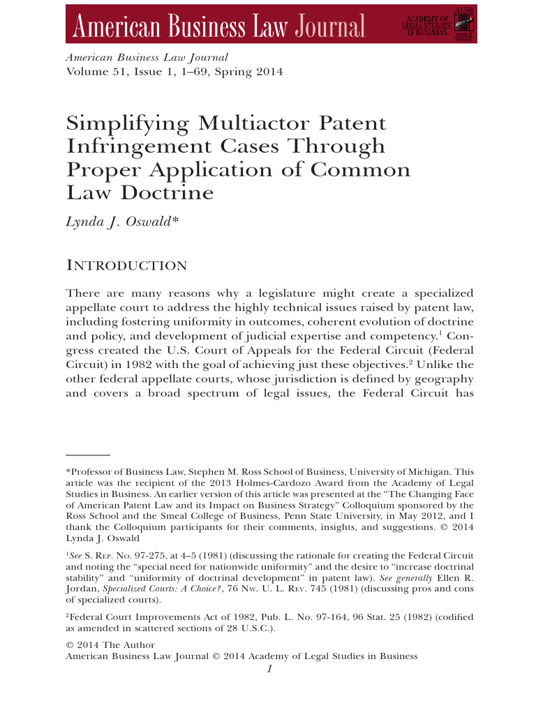 Oswald, L. J. (2014). Simplifying Multiactor Patent Infringement Cases ...