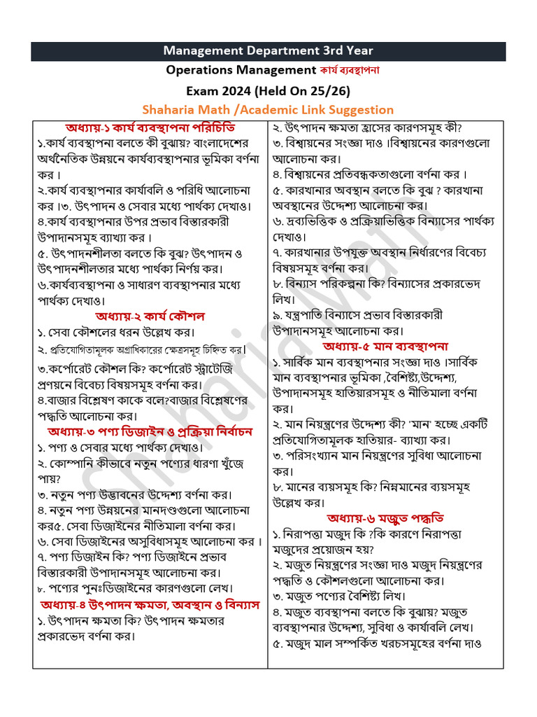 Operation Management Exam 2024 | PDF