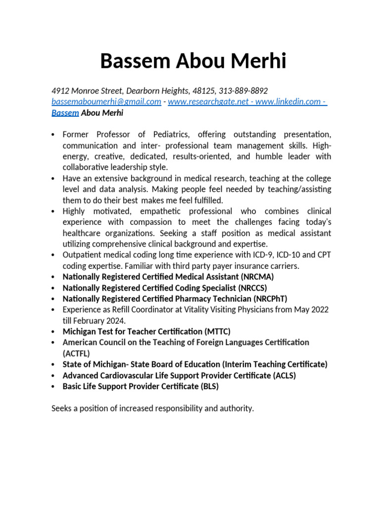 Bassem Resume Updated 3-20-2025 | PDF | Health Professional | Pediatrics