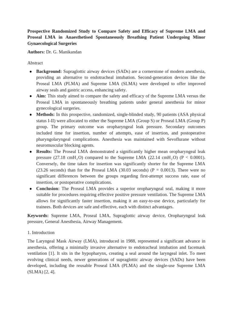 Supreme LMA Vs Proseal LMA | PDF | Anesthesia | Medical Treatments