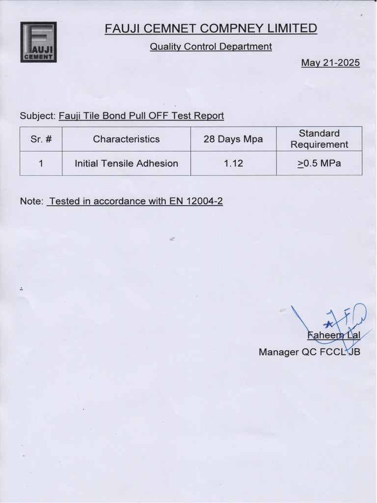 Fauji Tile Bond Test Report | PDF