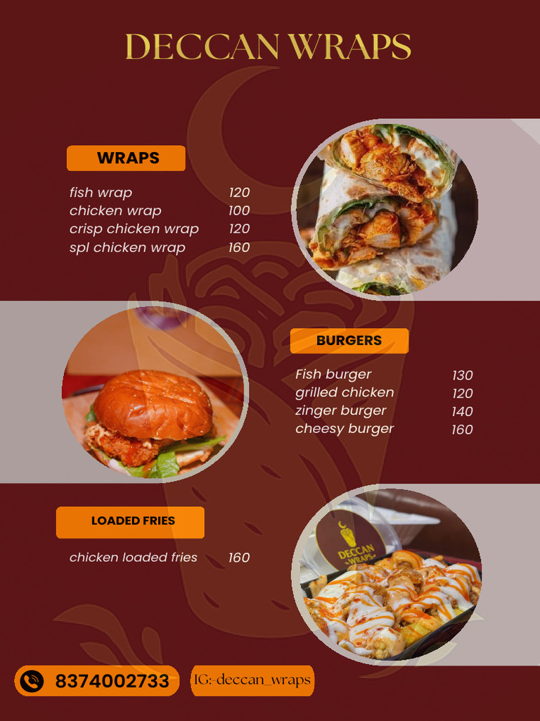 Deccan Wraps Menu: Wraps, Burgers, Fries | PDF