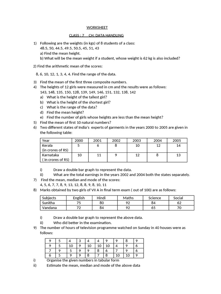 Class 7 Data Handling Worksheet | PDF | Mean | Mathematics