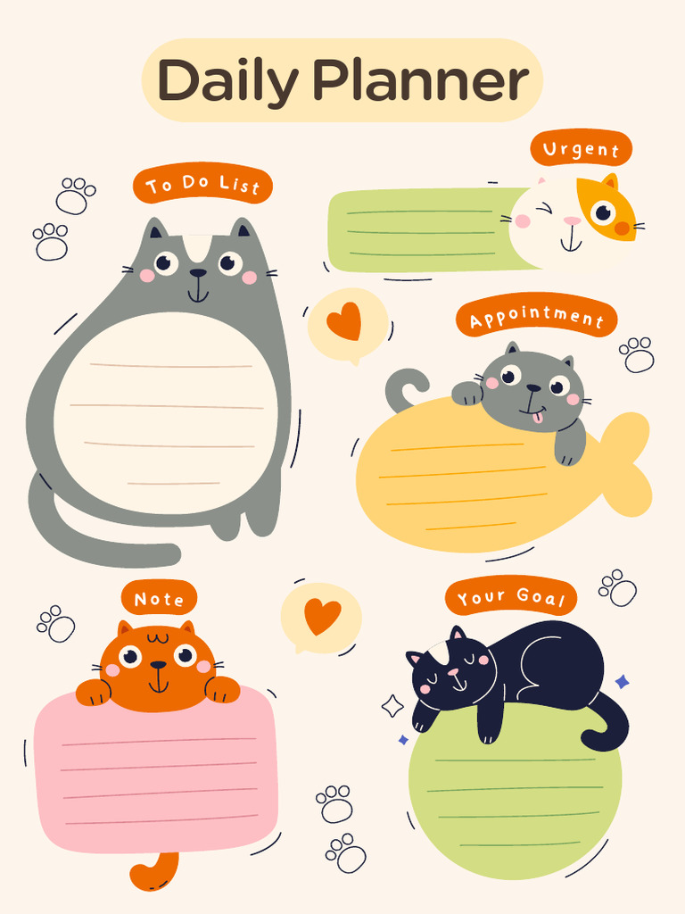 Colorful Illustrative Cute Cats Daily Planner | PDF
