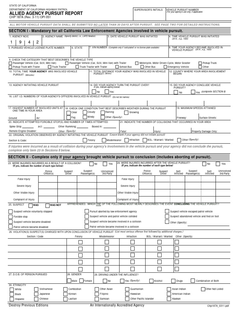 California Vehicle Pursuit Report Form | PDF | California Highway ...
