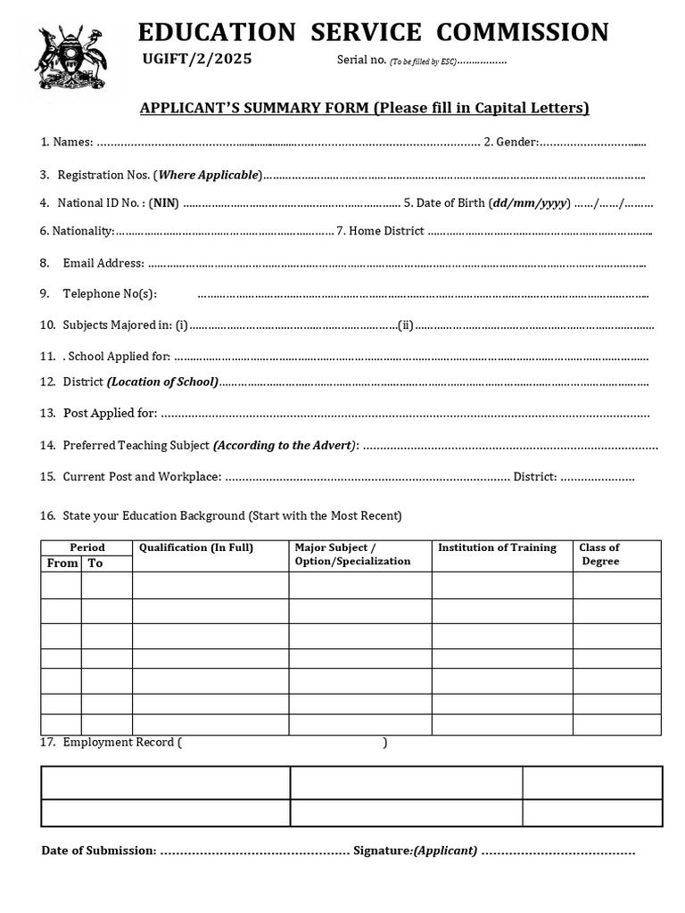 Applicant Summary Form for Education Service | PDF