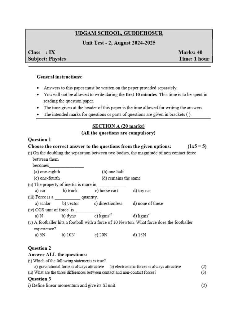 Class IX Physics Unit Test 2024-25 | PDF | Force | Acceleration