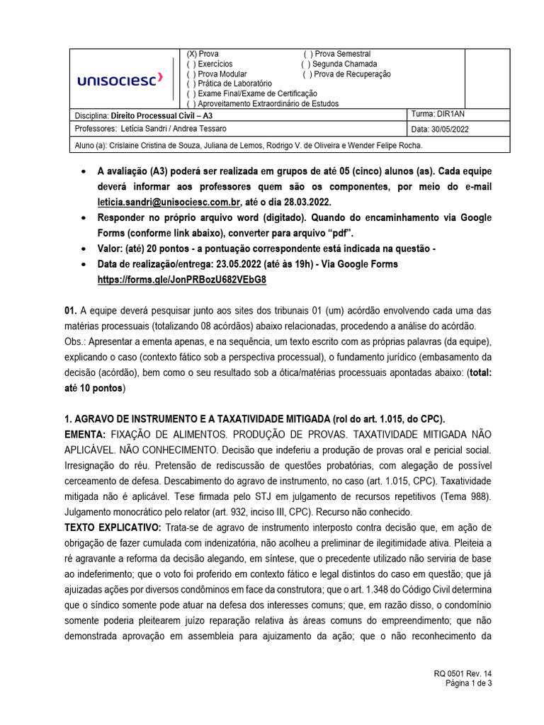DireitoProcessualCivil A3 | PDF | Sentença (jurídico) | Estatuto de ...