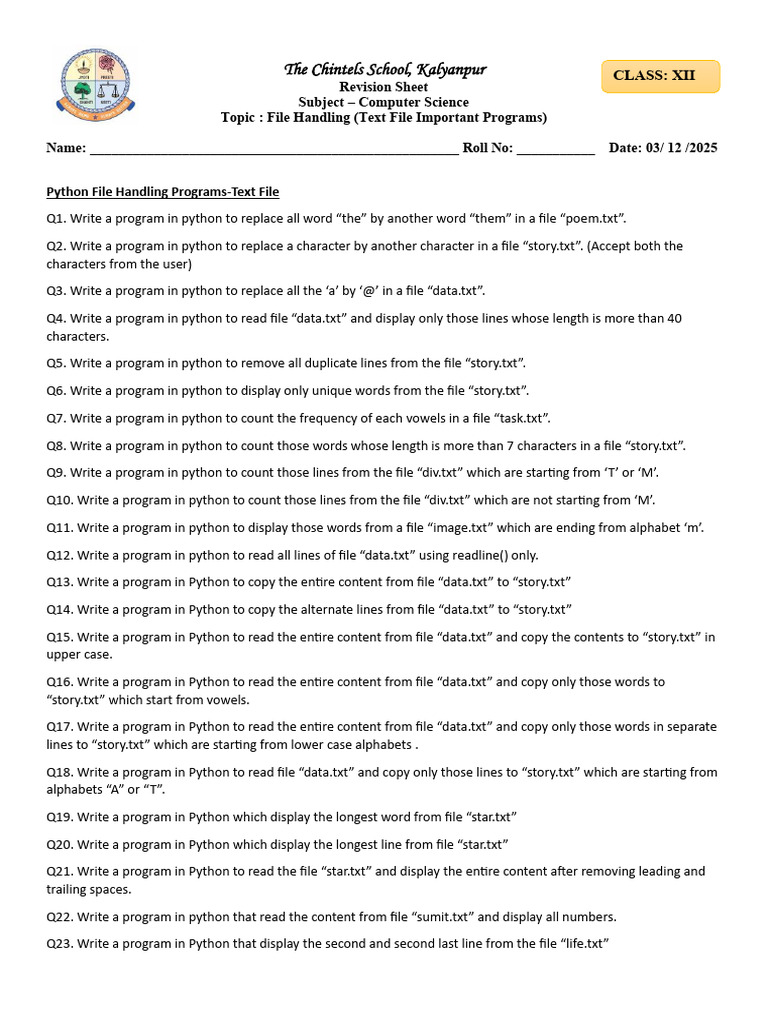 FileHandling Text FIle Important Programs | PDF | Text File | Digital ...