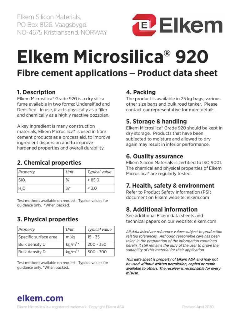 Elkem Microsilica® Grade 920 Data Sheet | PDF | Secondary Sector Of The ...