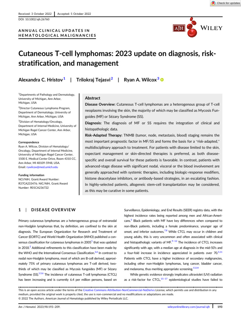 American J Hematol - 2022 - Hristov - Cutaneous T‐cell lymphomas 2023 ...