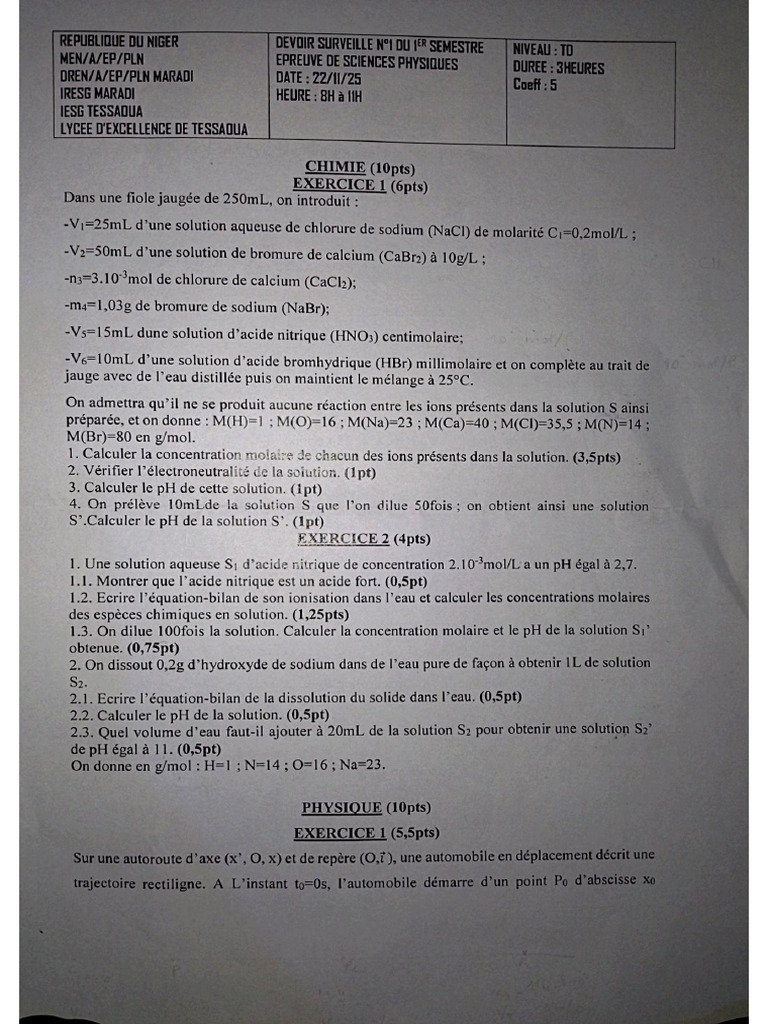 Devoir N°1 Semestre 1 Tle D | PDF