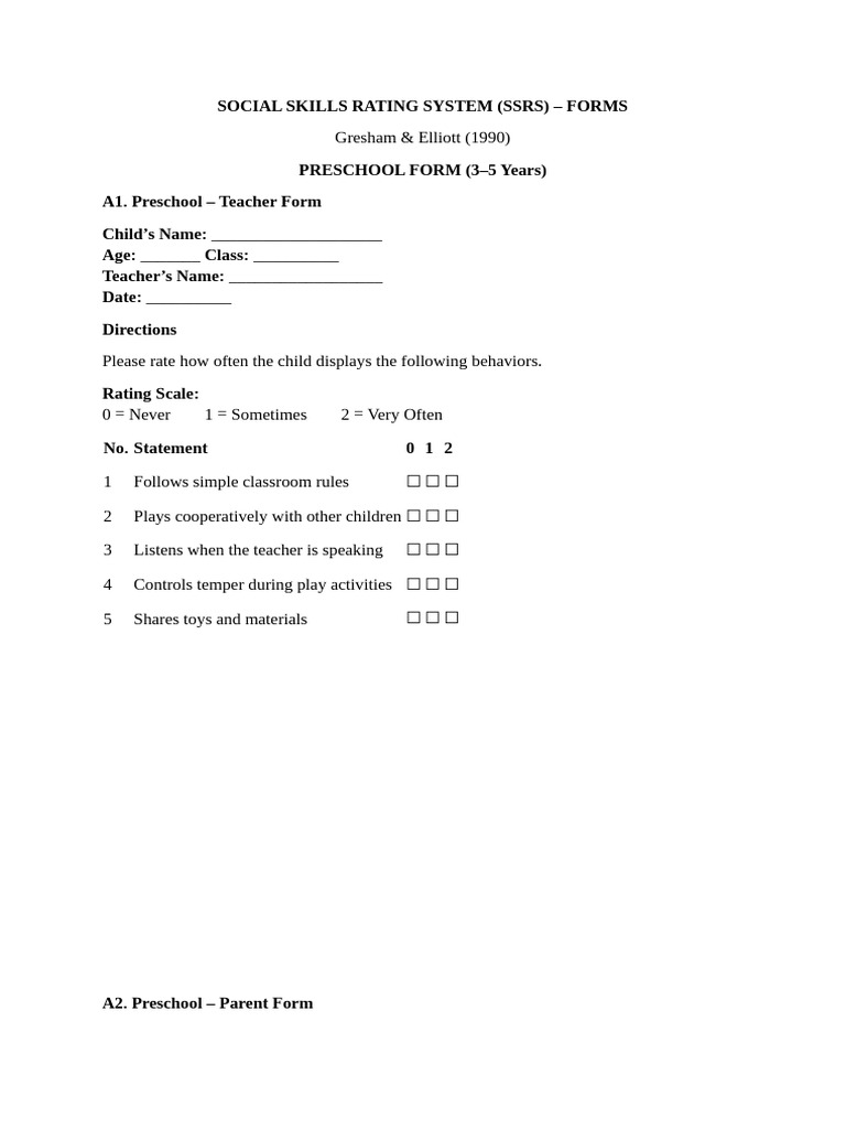 Social Skills Rating System Forms | PDF | Cognition | Behavioural Sciences