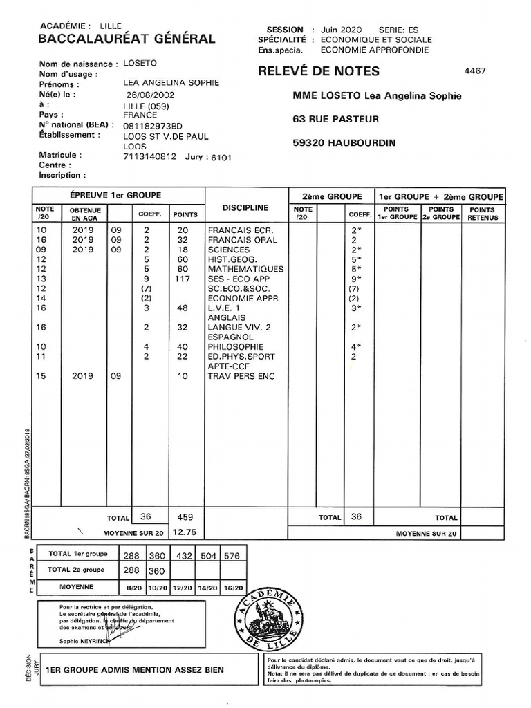 Relevé de Notes BAC | PDF