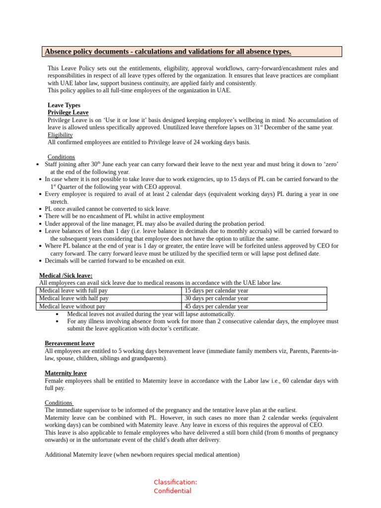 Absence Policy Documents Consisting of Basic Calculation and ...