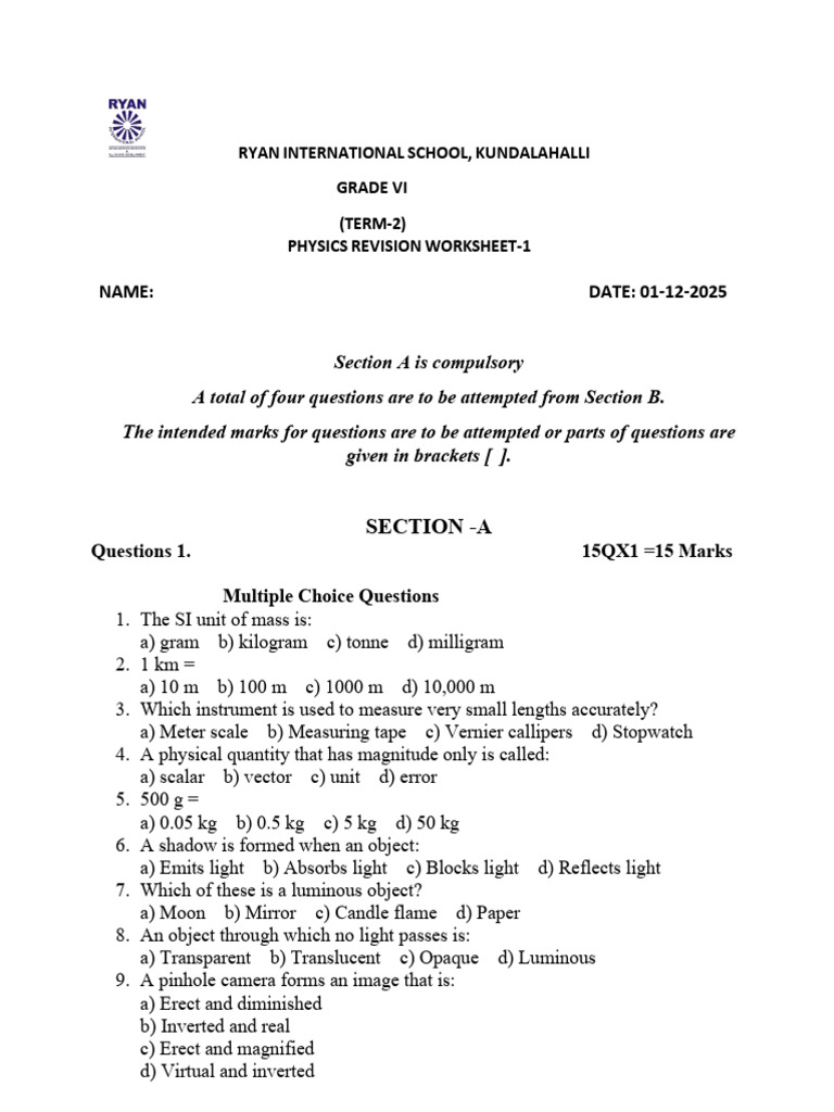 Grade VI Physics Revision Worksheet | PDF