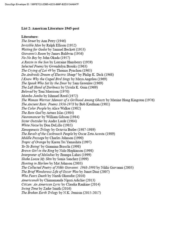 American Literature 1945-Present List | PDF