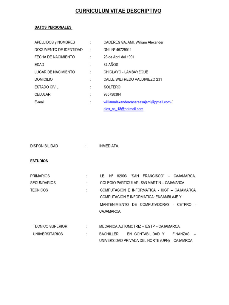 Curriculum Vitae de William Caceres | PDF | Información
