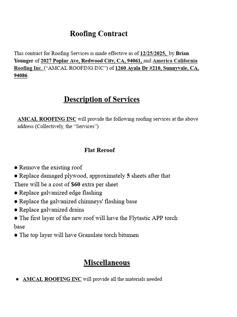 Roofing Contract - Amcal Roofing Inc | PDF | Private Law | Common Law