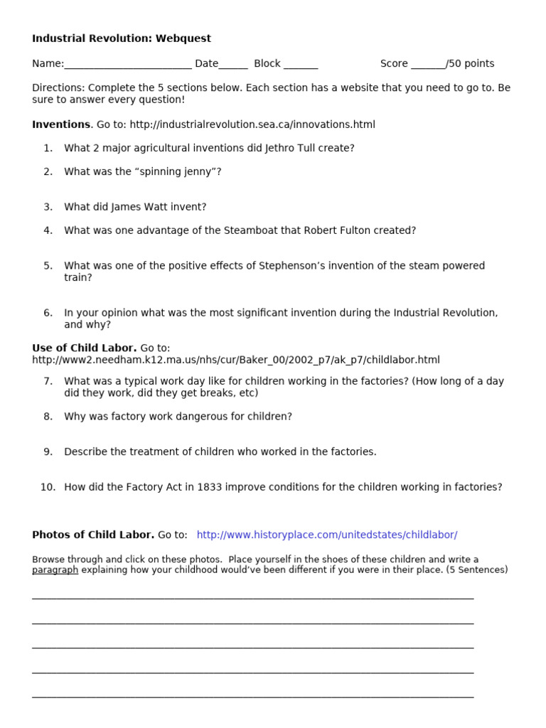 Industrial Revolution: Webquest | PDF | Industrial Revolution | Economies