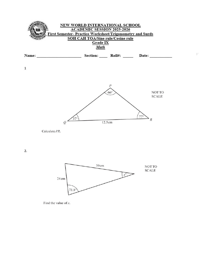 Trigonometry Worksheet 1 2025-26 | PDF