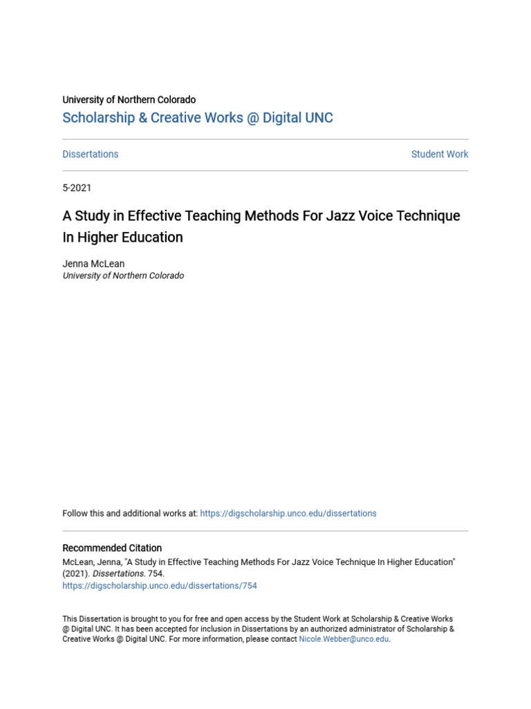 A Study in Effective Teaching Methods for Jazz Voice Technique In | PDF ...