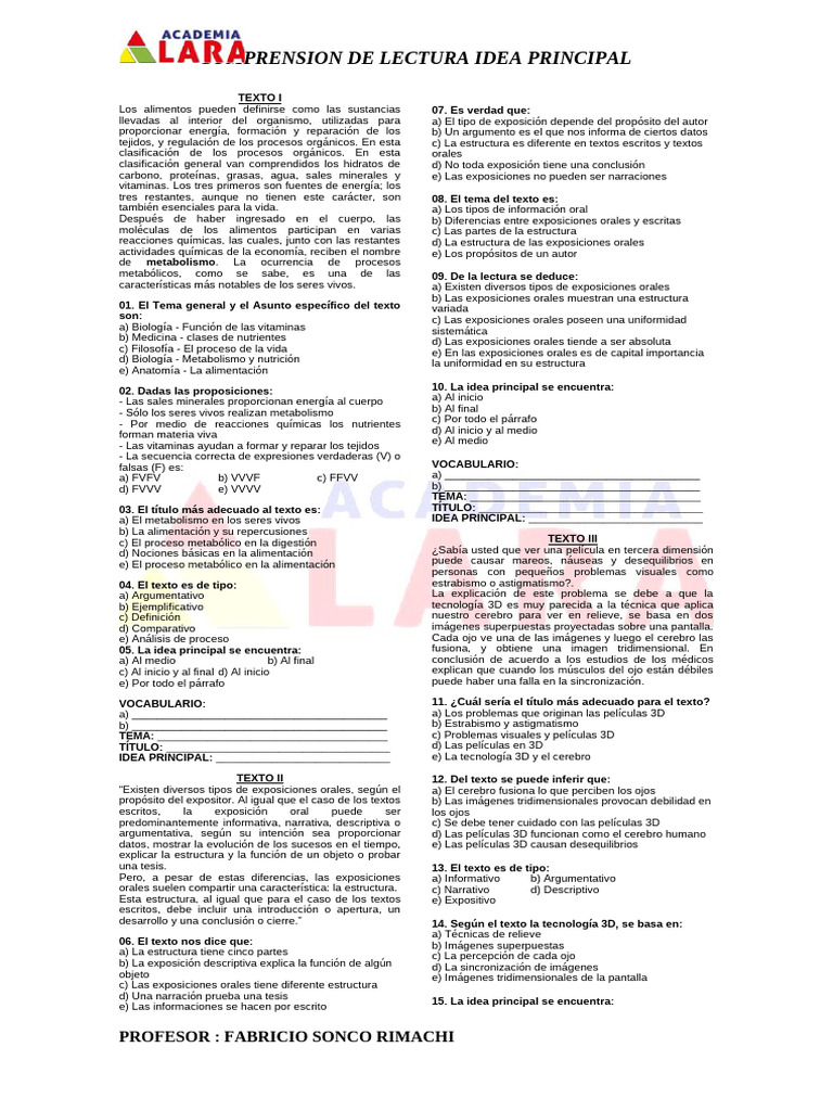 Comprensión de lectura: alimentos y exposiciones | PDF | Metabolismo ...