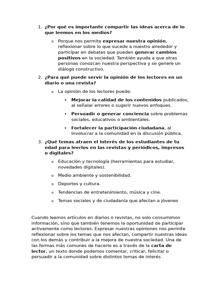 Importancia de las cartas de lectores | PDF | Comunicación humana ...