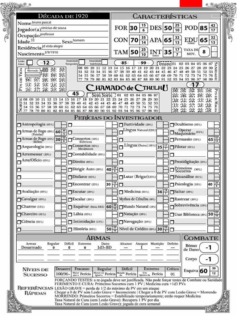 ficha call of cthulhu 1920 eeeeeeeeeeeee | PDF