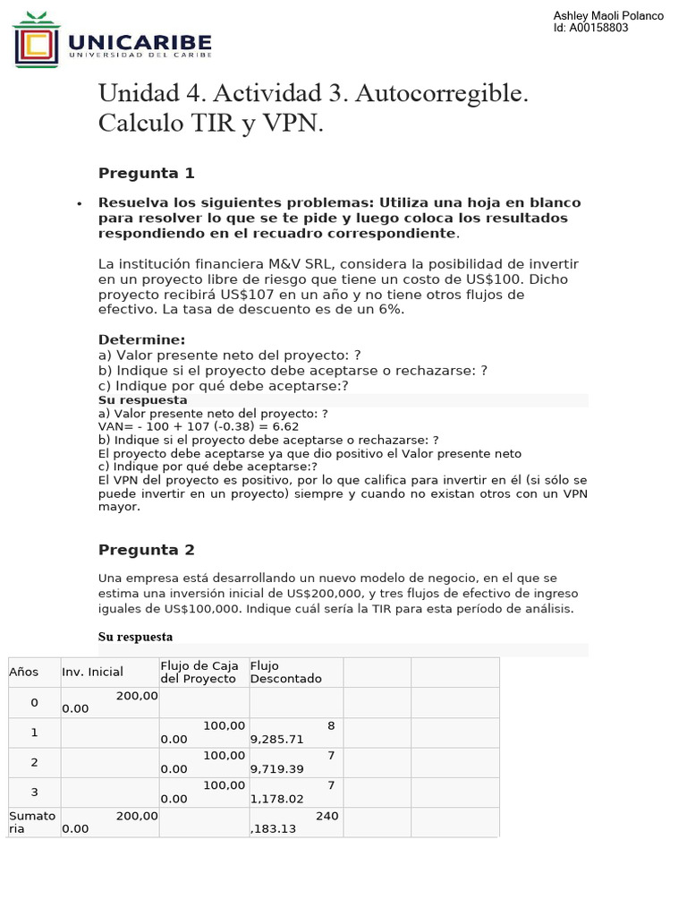 Polanco Ashley Maoli Auto-corregible. Calculo TIR y VPN | PDF | Valor ...