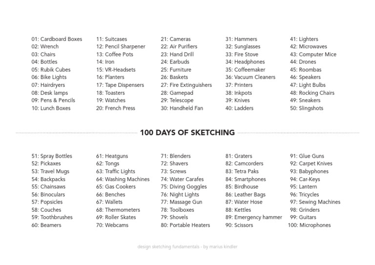 100 Days of Sketching Topics | PDF | Equipment