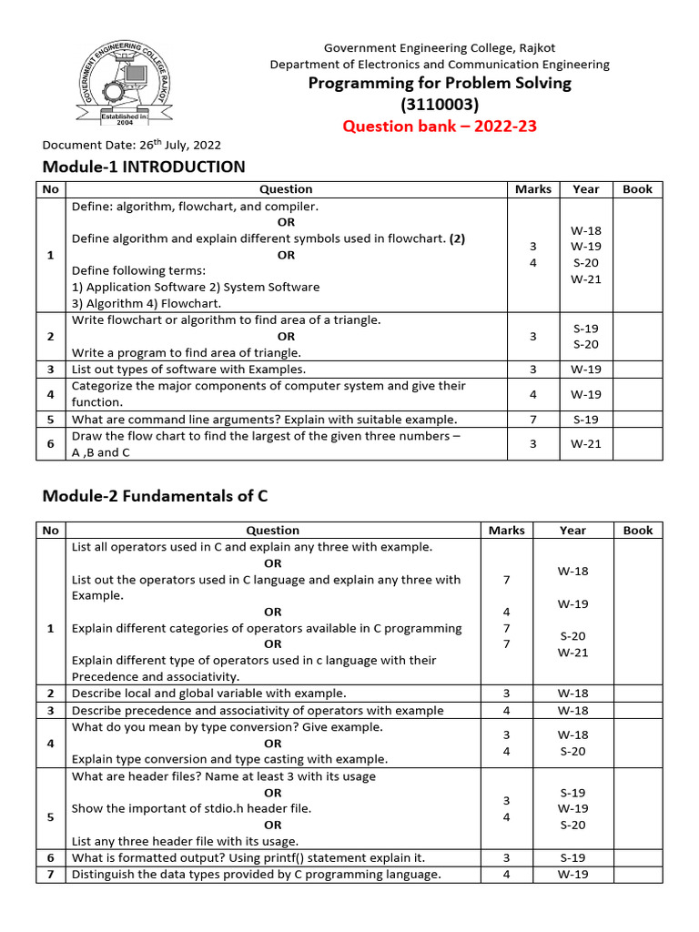 PPS GTU Question Bank - 22-23 | PDF | Pointer (Computer Programming ...