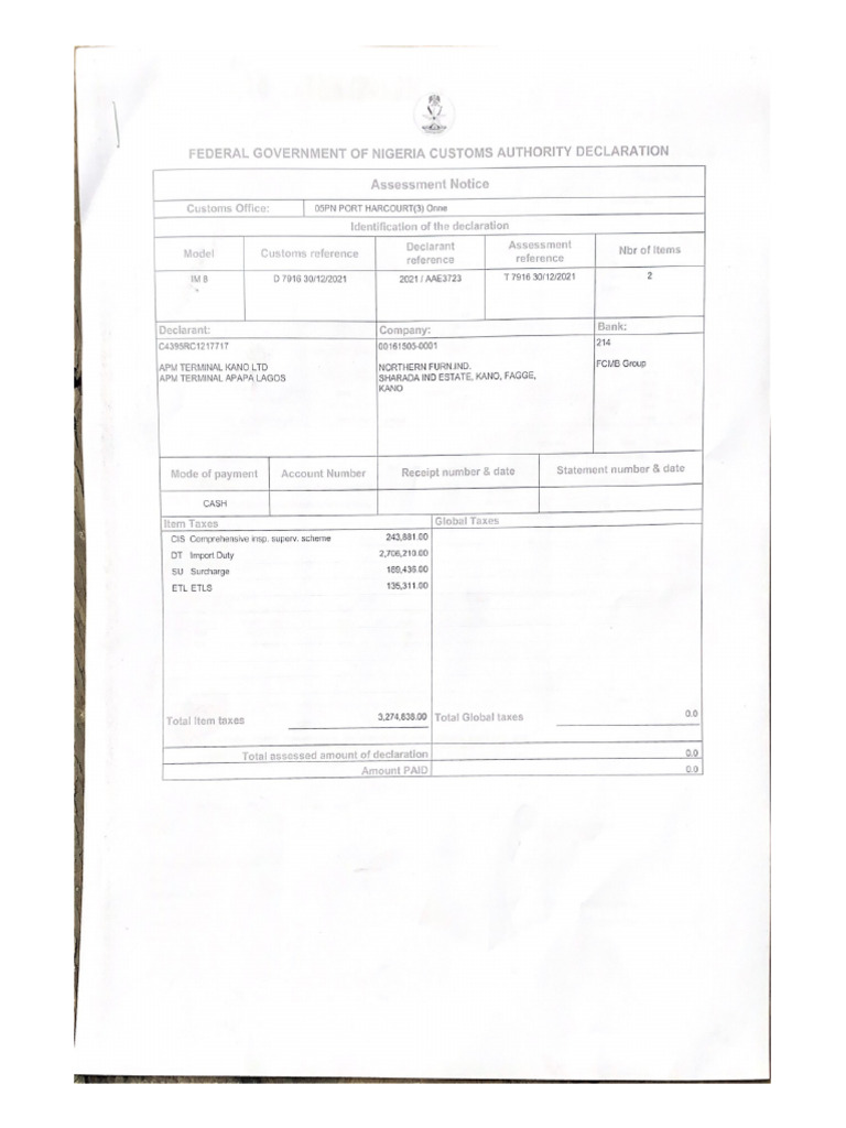 Federal Government of Nigeria Customs Authority Declaration | PDF