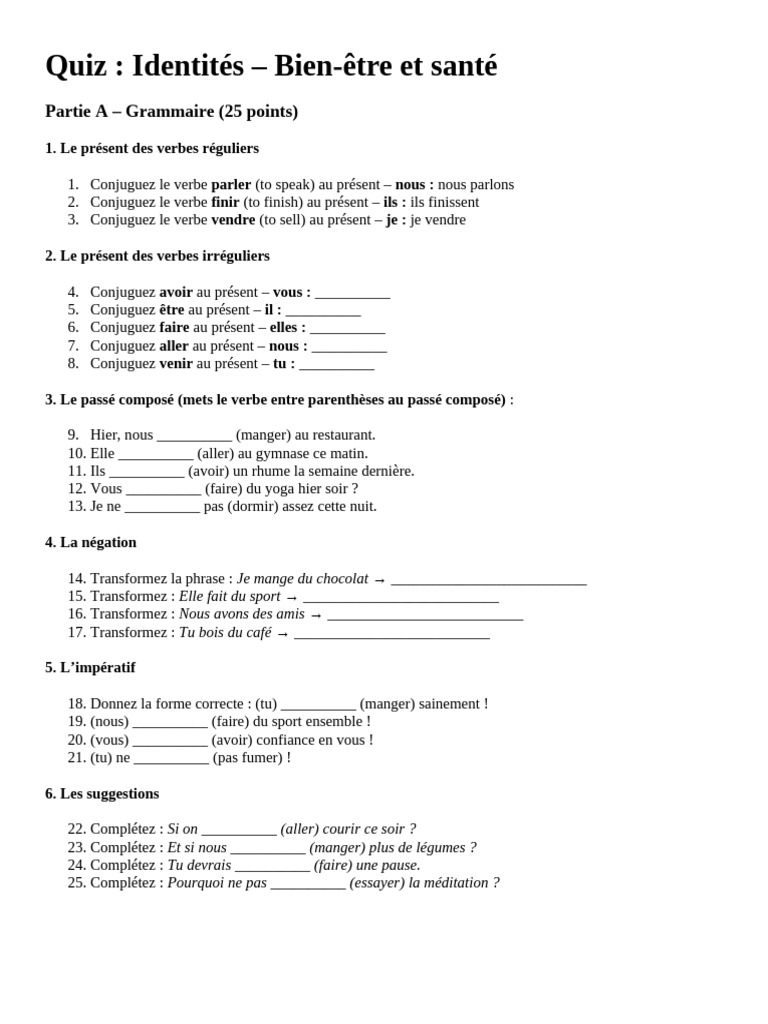 Quiz sur le bien-être et la grammaire | PDF