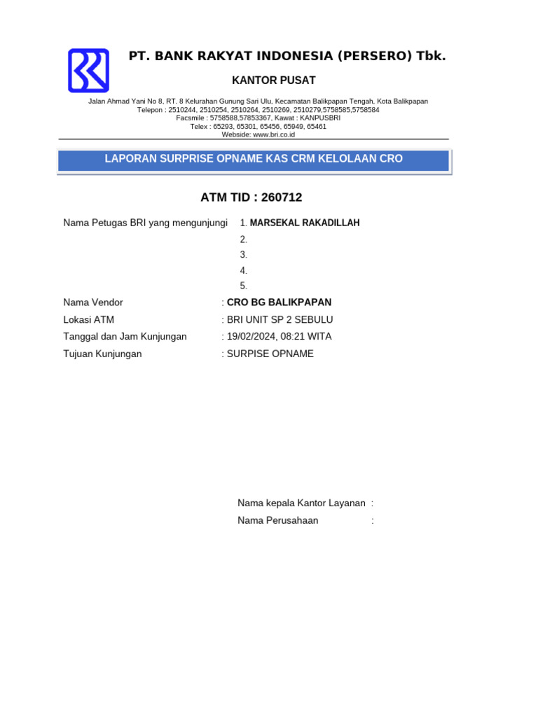 Laporan Opname Kas ATM BRI Balikpapan | PDF