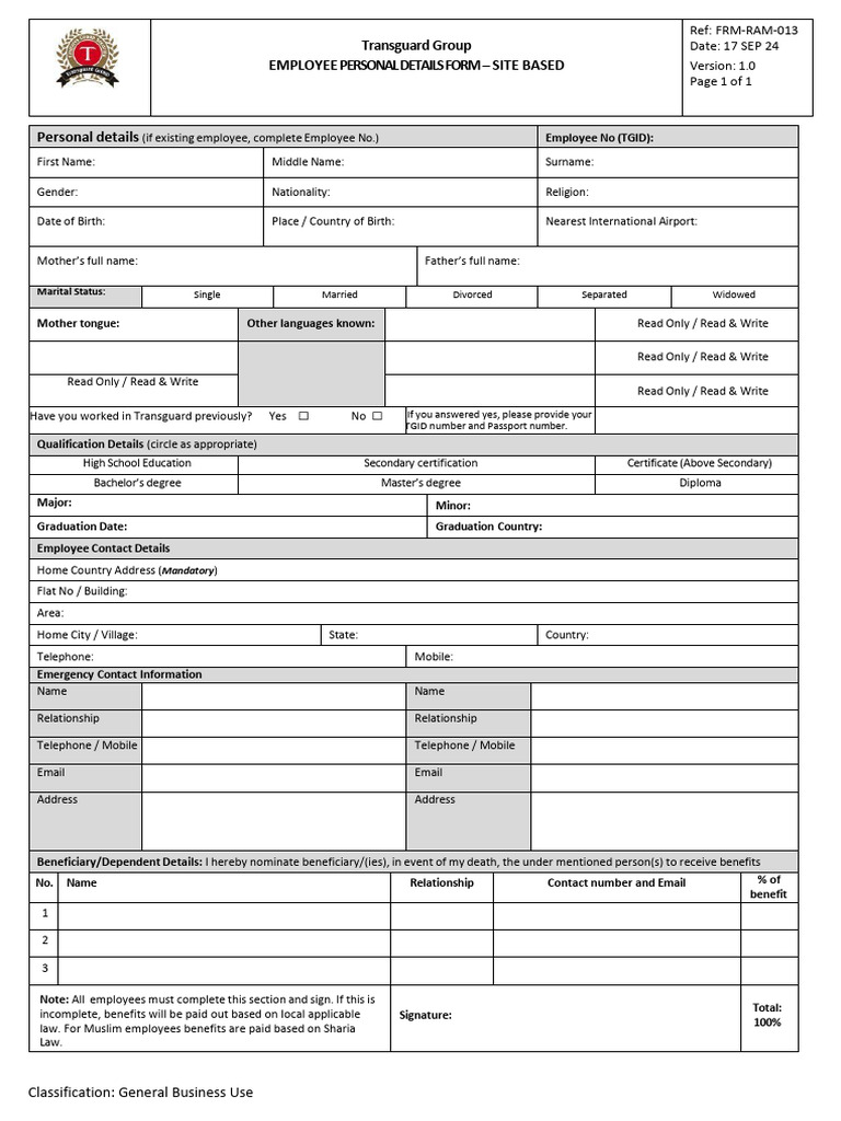 Employee Personal Details Form | PDF