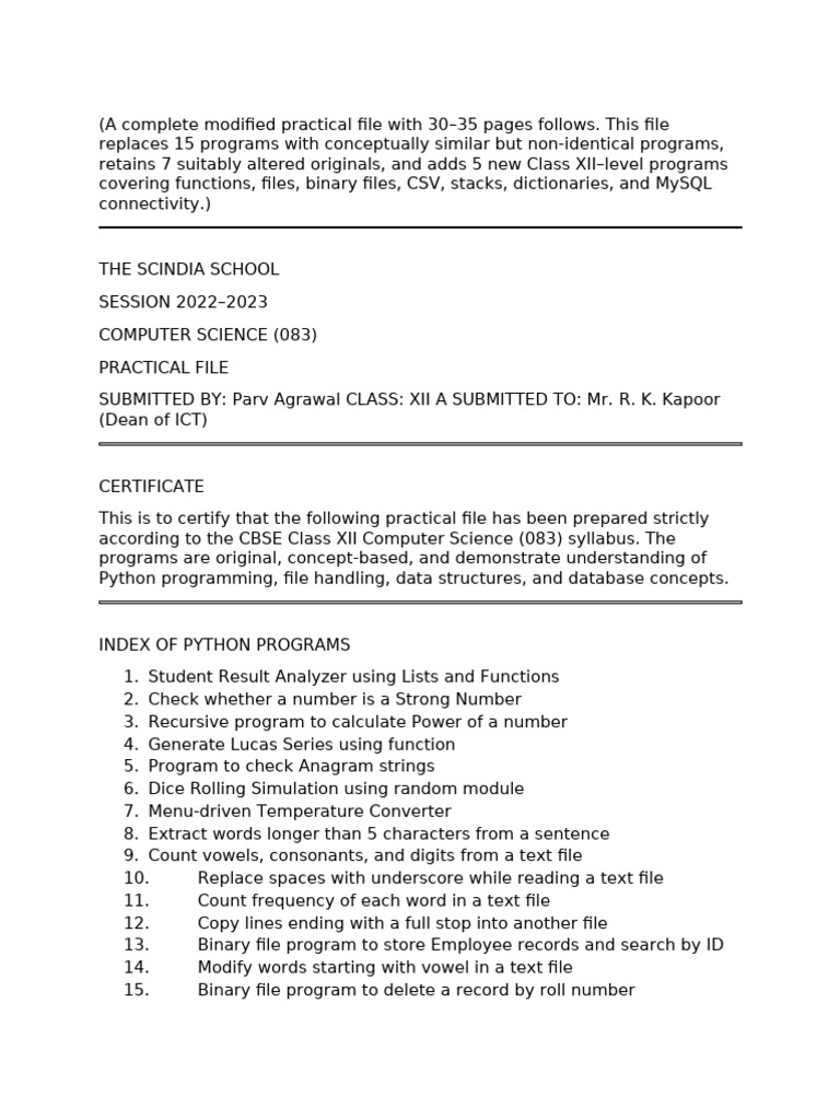 Class Xii Computer Science Practical File (Modified) | PDF | My Sql | Computer Program