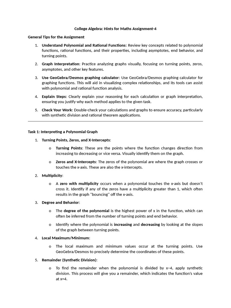 College Algebra Assignment Tips and Tasks | PDF | Polynomial | Asymptote