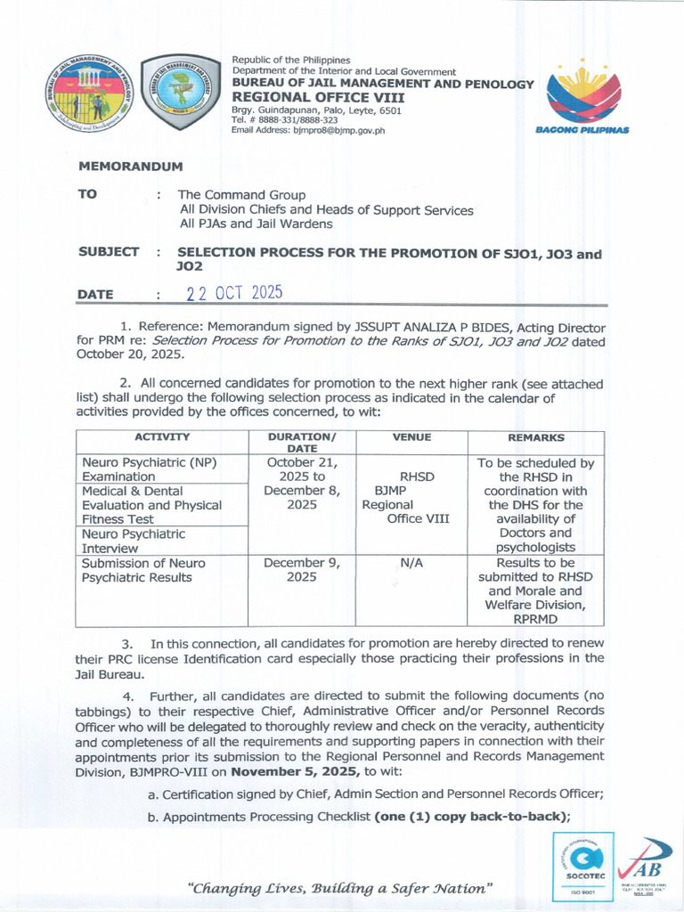 Memo To Jails Re Selection Process For Promotion Jo2 Sjo1 | PDF