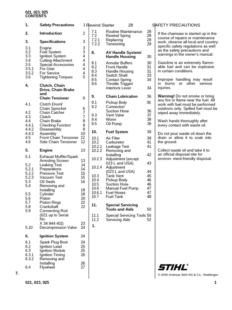 Stihl 021 023 025 Workshop Manual | PDF | Screw | Clutch