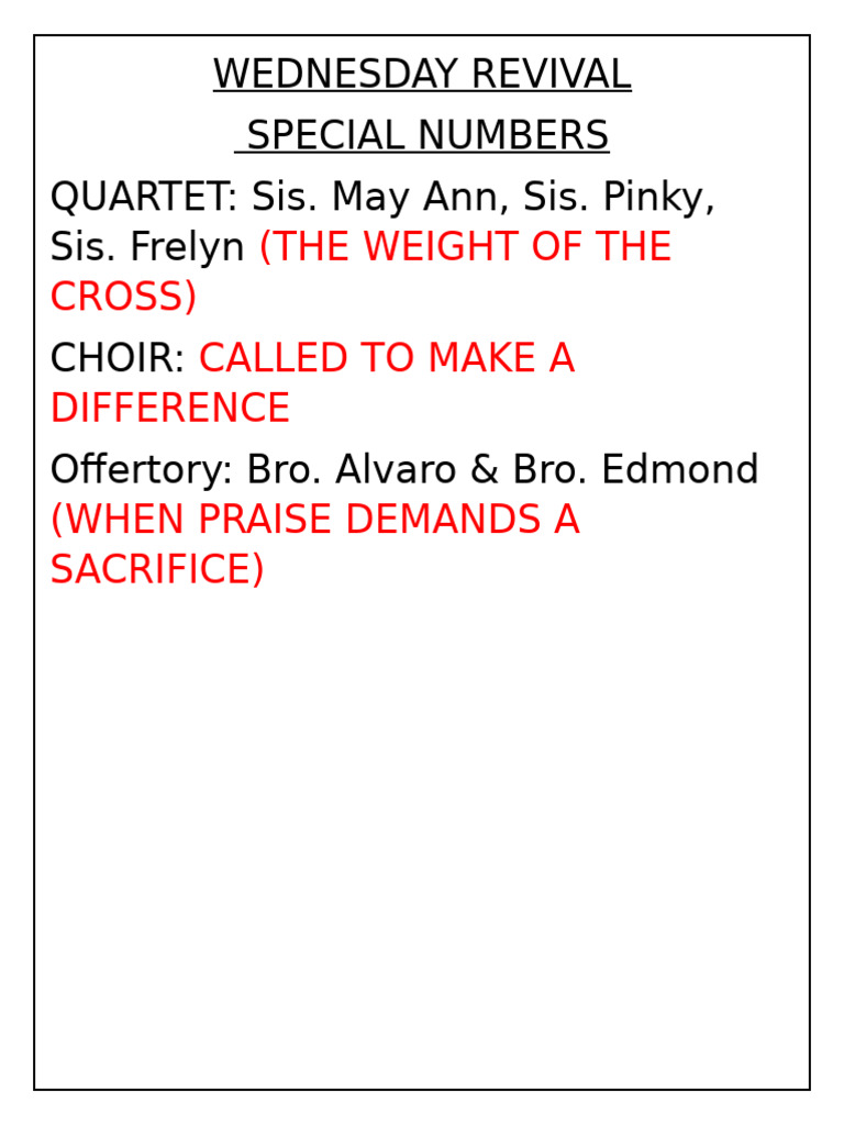 Revival Special Numbers Schedule | PDF