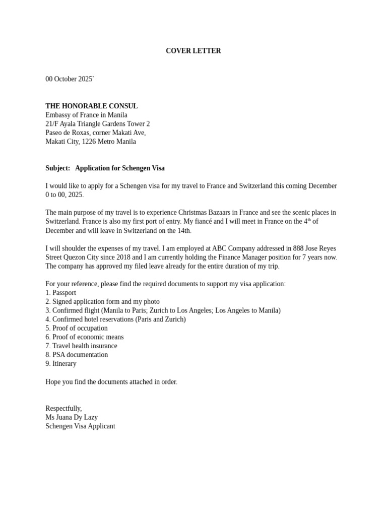 Cover Letter Sample | PDF | Travel Visa | Makati