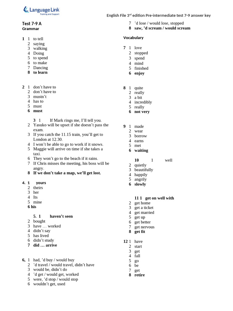Pre-Int Test Files 7-9 (for TCO Ss) Answer Key | PDF