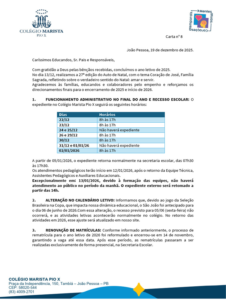 8ª CARTA FAMÍLIAS - Funcionamento ano 2025 e orien_251229_124930 | PDF