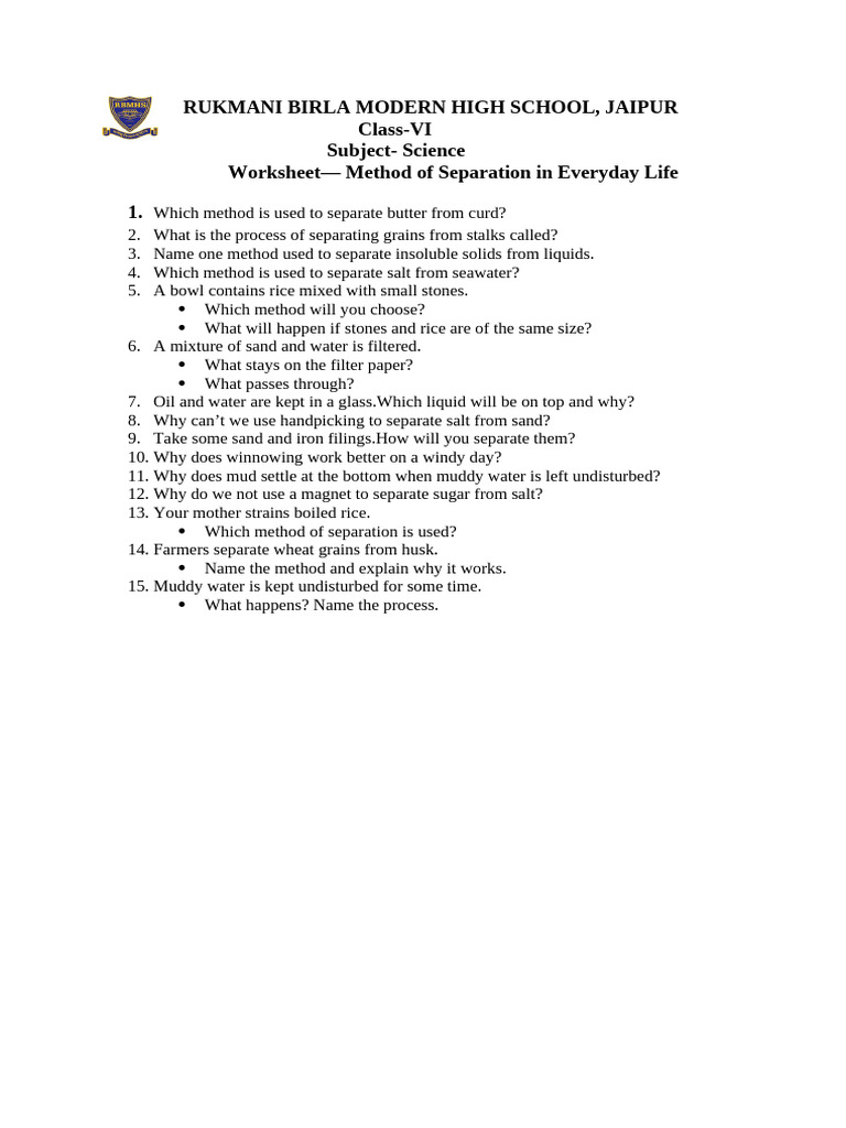 Class 6 Method of Separation Worksheet | PDF