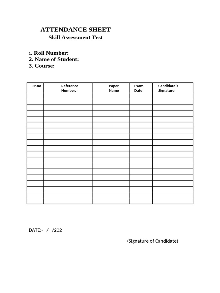 Attendance Sheet for Skill Assessment Test | PDF