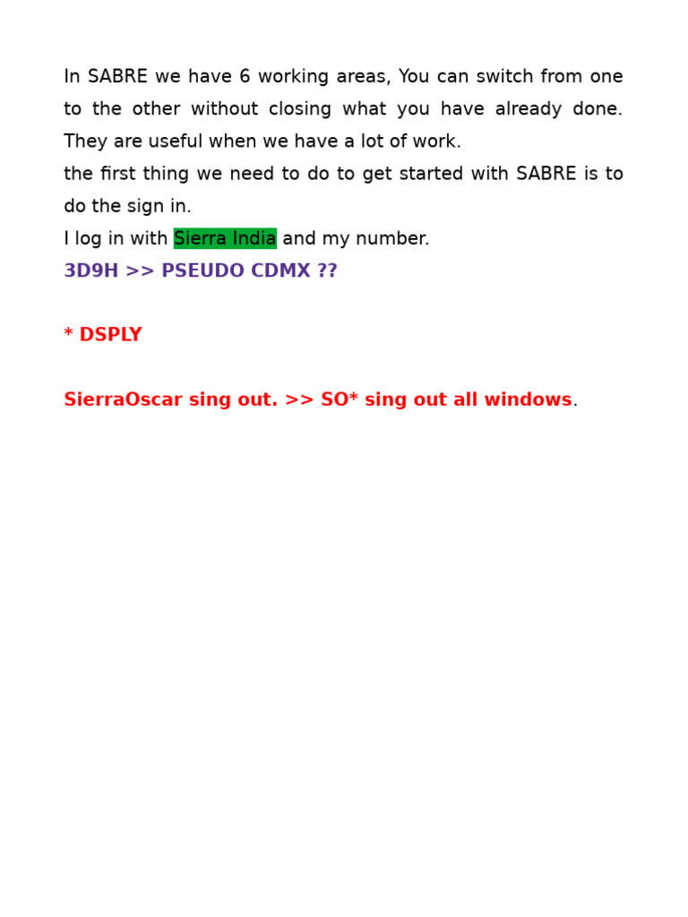 SABRE: Managing Multiple Work Areas | PDF