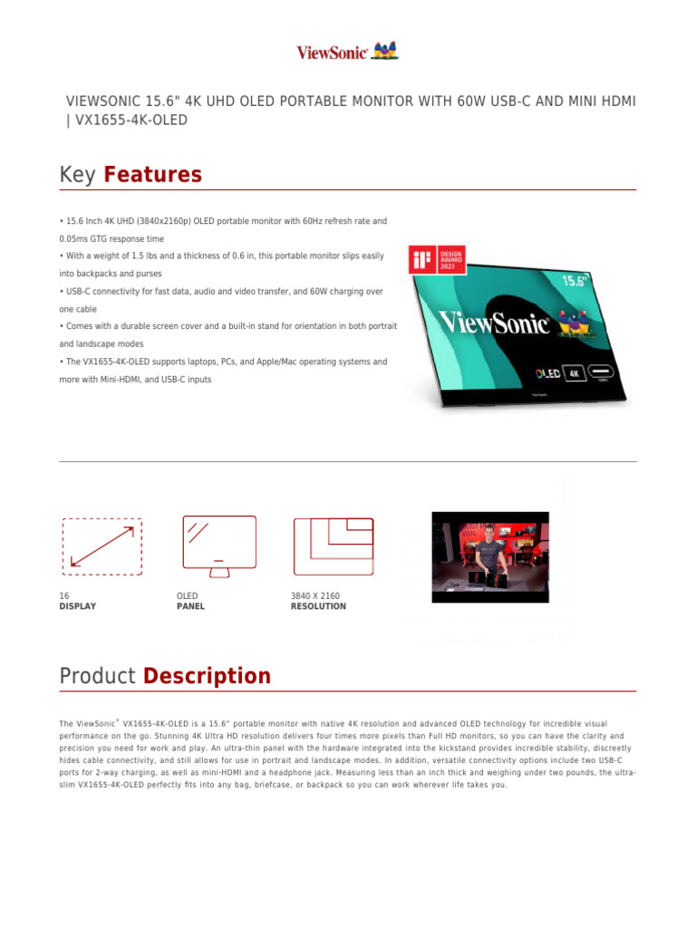 Datasheet VX1655 4K OLED | PDF | Hdmi | Computer Monitor
