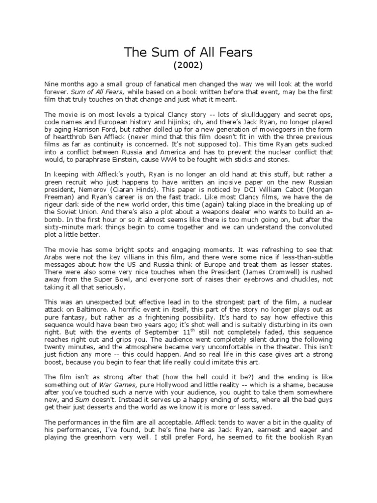 Sum of All Fears Movie Review | PDF | Violence | Unrest