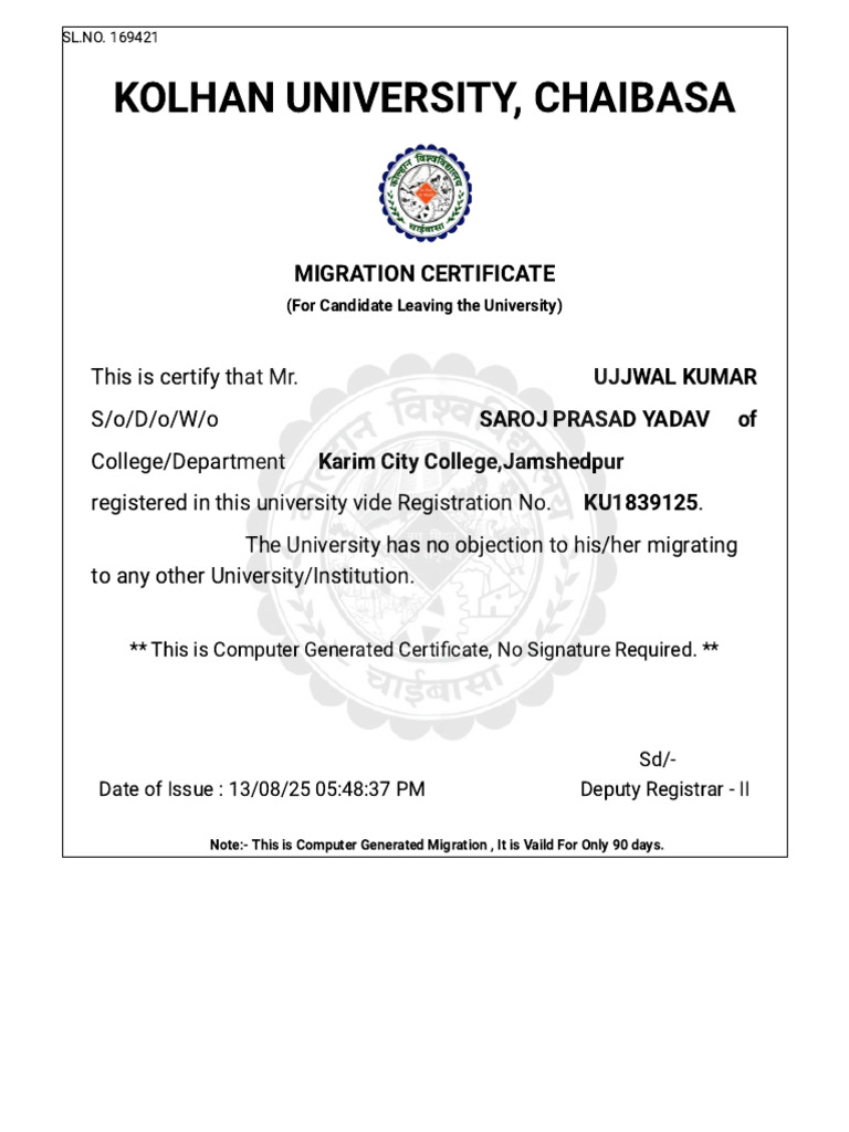 Kolhan University Migration Certificate | PDF